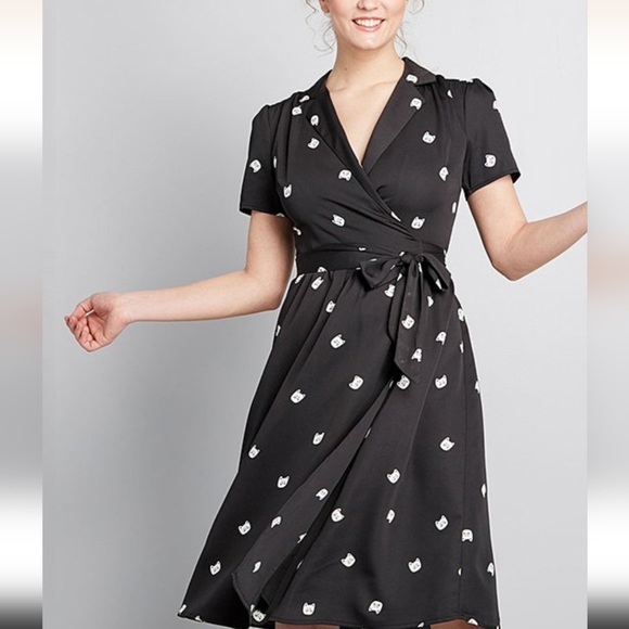 Modcloth | Dresses | Modcloth Kitty Cat Print Tied And Timeless Black ...